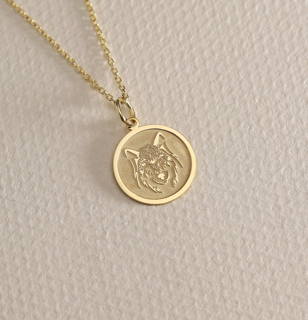 Gold Solid 14K Real Gold Wolf Necklace, Geometric Wolf Disc Pendant ...