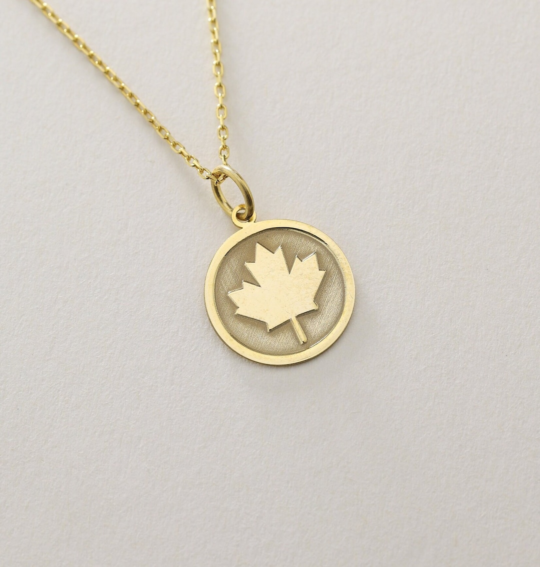 14K Real Solid Gold Maple Leaf Necklace, Canada Maple Leaf Disc Pendant ...