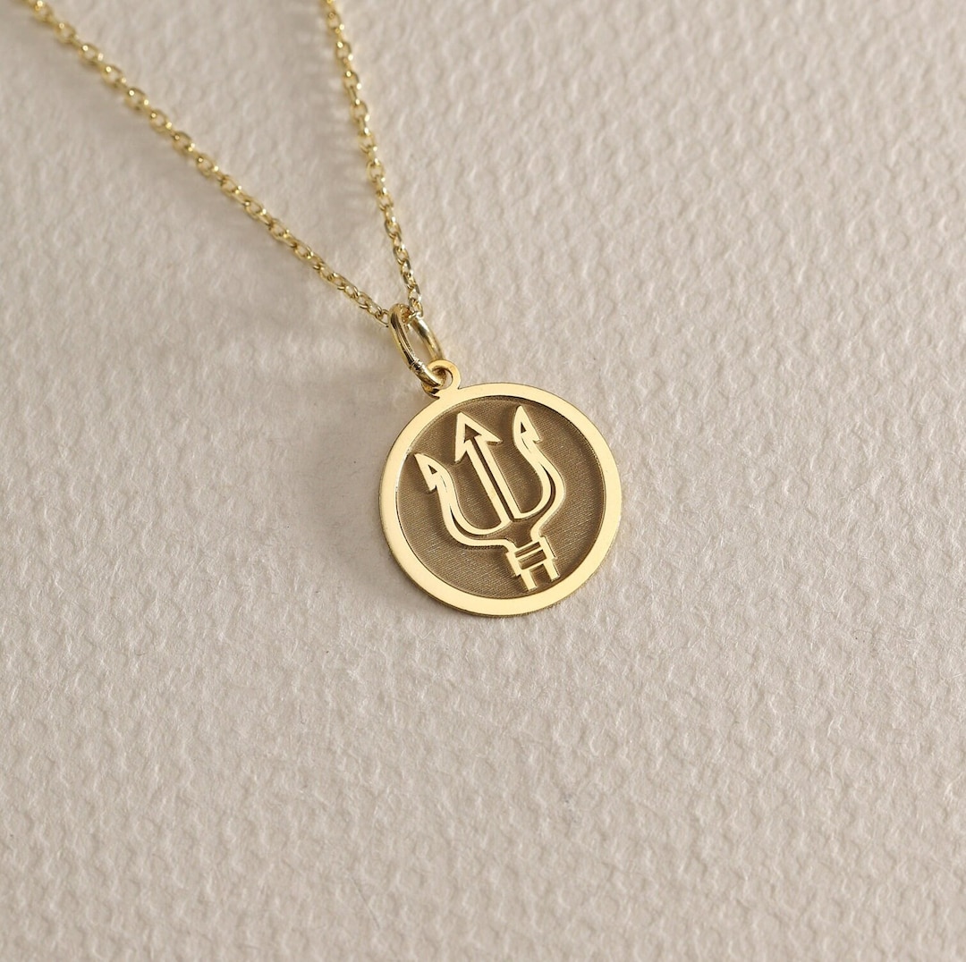 Gold Solid 14K Real Gold Trident Necklace, Personalized Trident Pendant ...