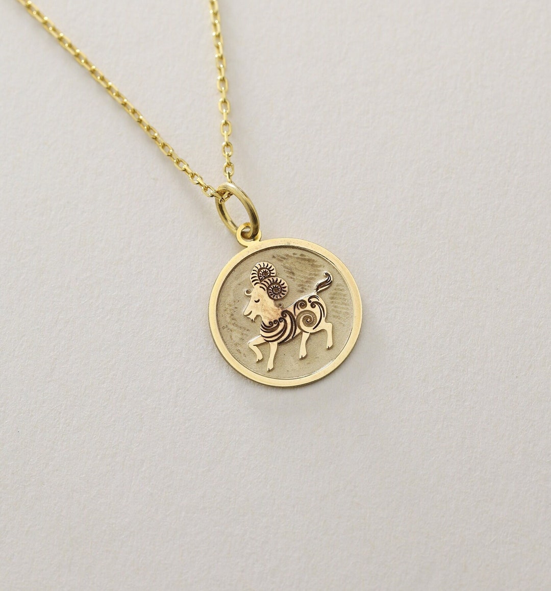 Gold Solid 14K Real Gold Aries Zodiac Necklace, Personalized Gold Aries ...