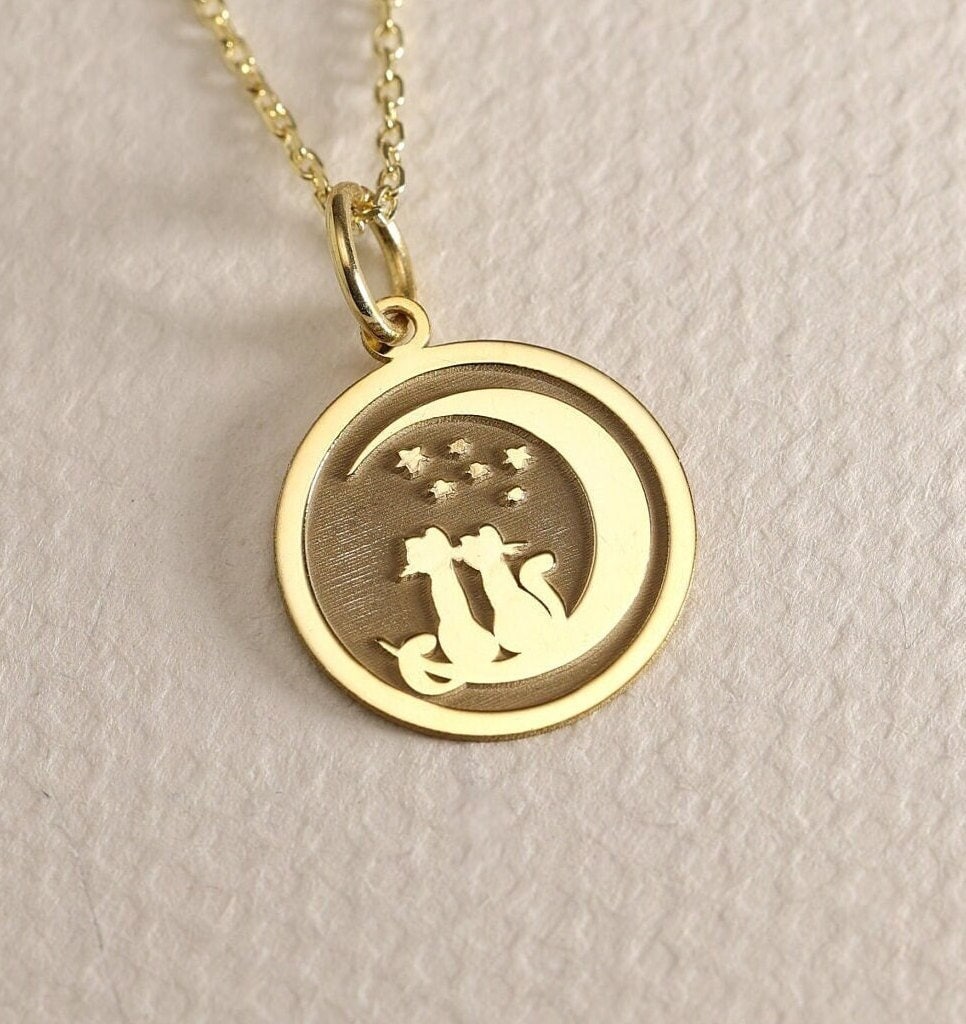 Gold Solid 14K Real Gold Cat and Moon Necklace, Personalized Cat Moon ...