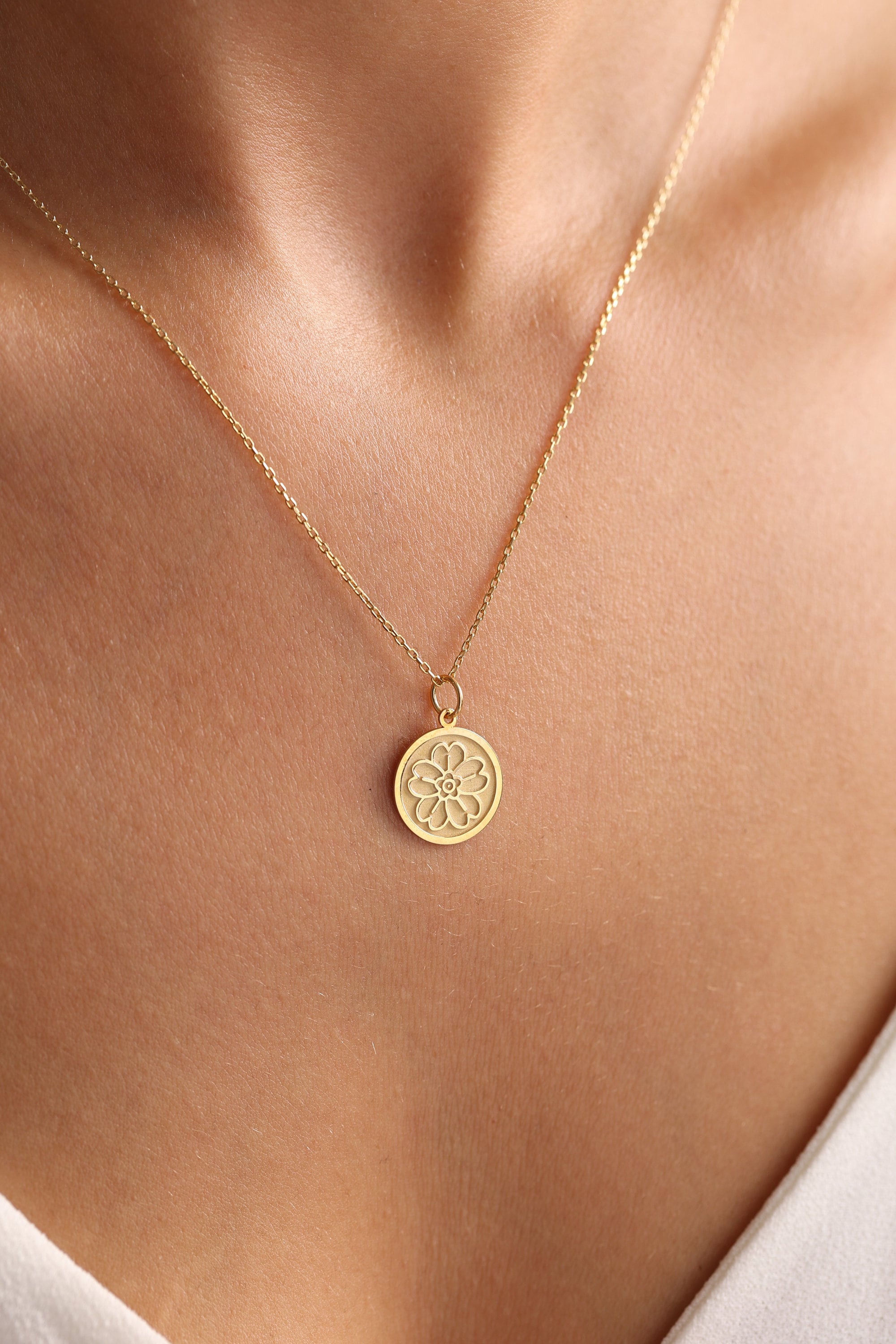 Gold Solid 14K Real Gold Daisy Flower Necklace, Personalized Gold Daisy ...