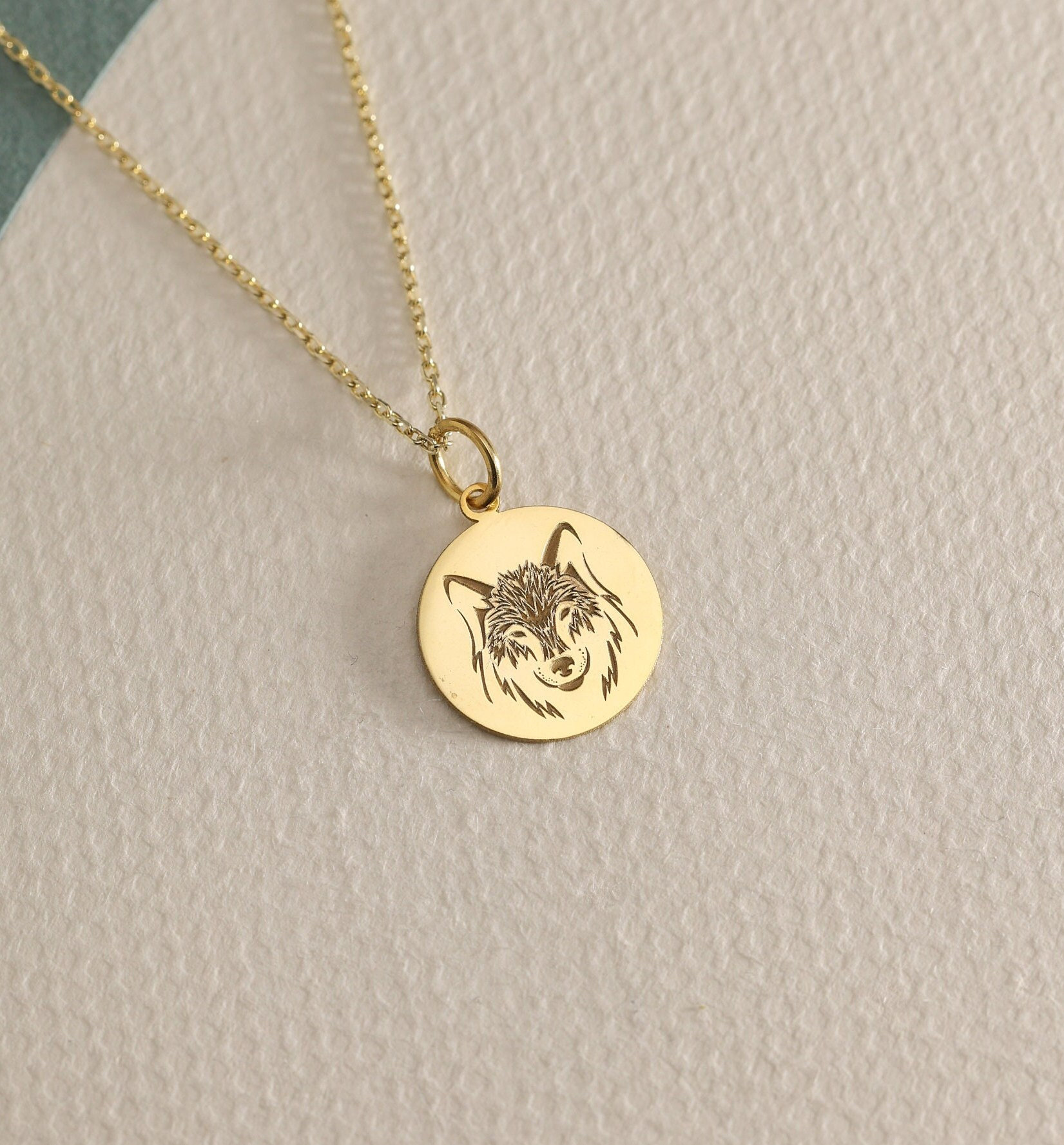 Gold Solid 14K Real Gold Wolf Necklace Geometric Wolf Disc - Etsy