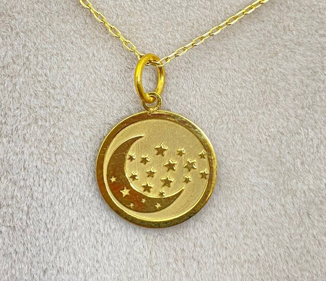Gold Solid 14K Real Gold Moon Star Necklace , Personalized Moon Star ...