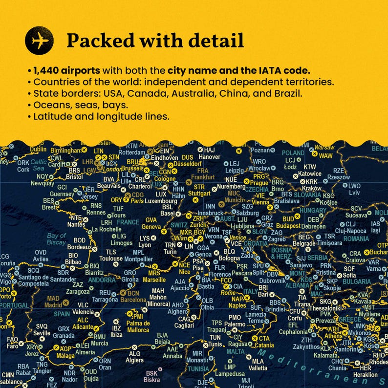 1440 Airports World Map With IATA Codes: Push Pin Major Airports Canvas ...