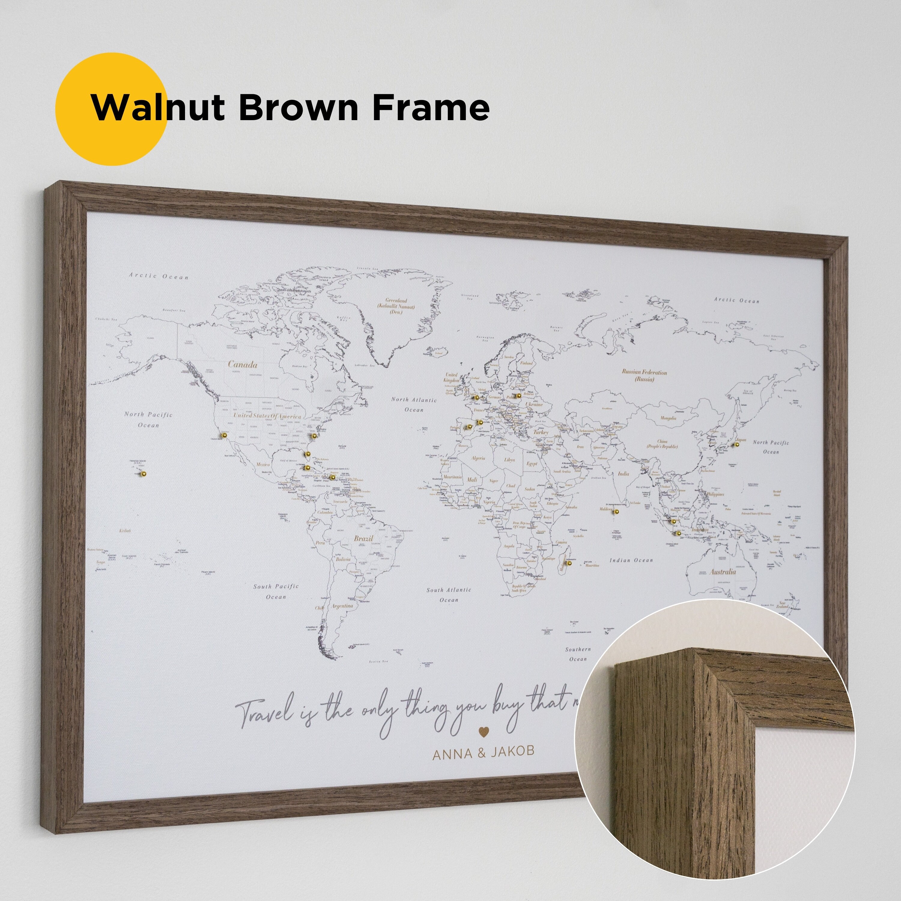 Push Pin World Map Small Framed Canvas, Places Traveled Map Wall Art ...