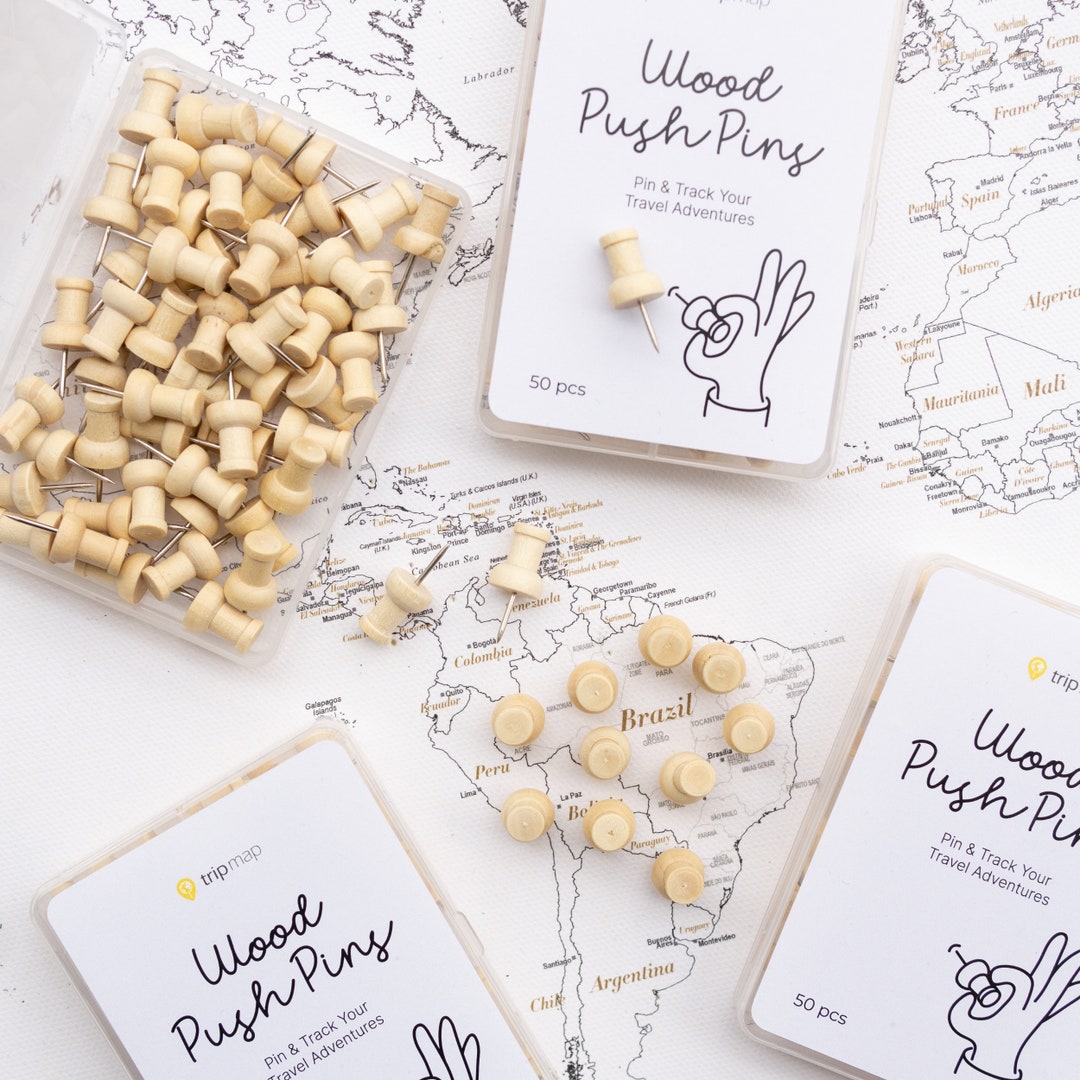 Wooden Map Push Pins - Flat Head Tacks With Stainless Point - Natural ...
