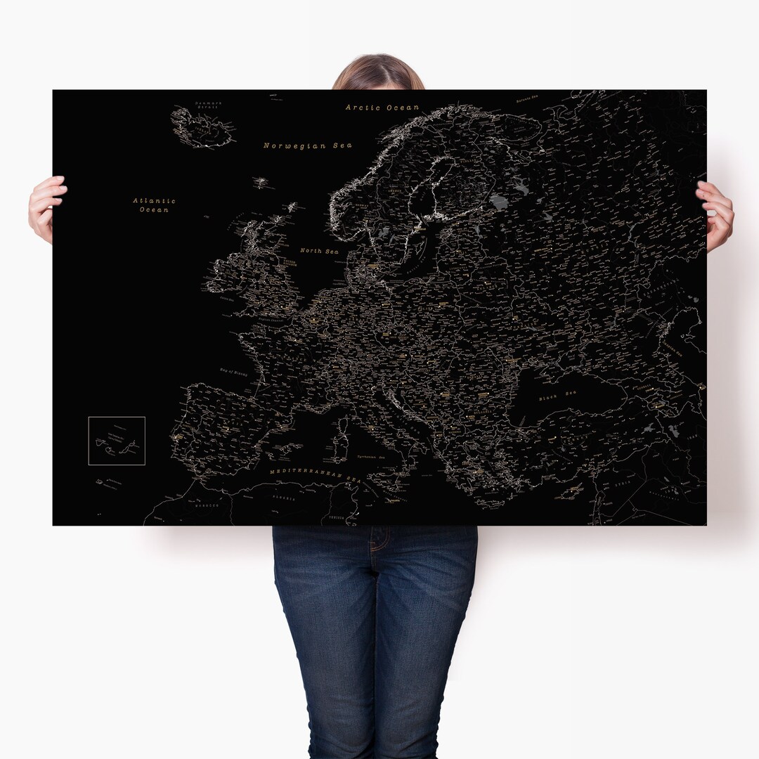 Large Europe Map Poster Black, Geographic European Travel Wall Art ...
