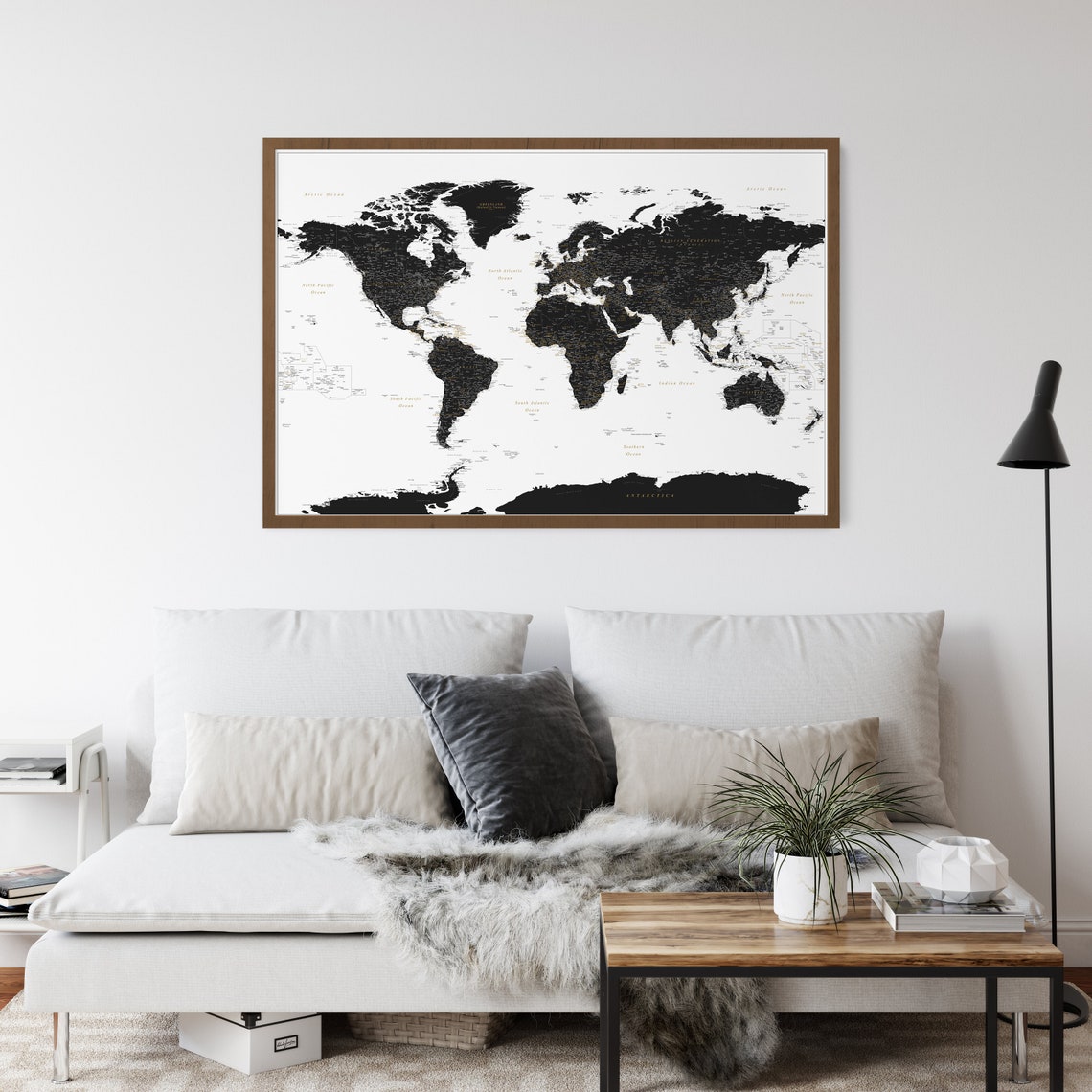 Large Black and White World Map Poster Detailed Accurate | Etsy