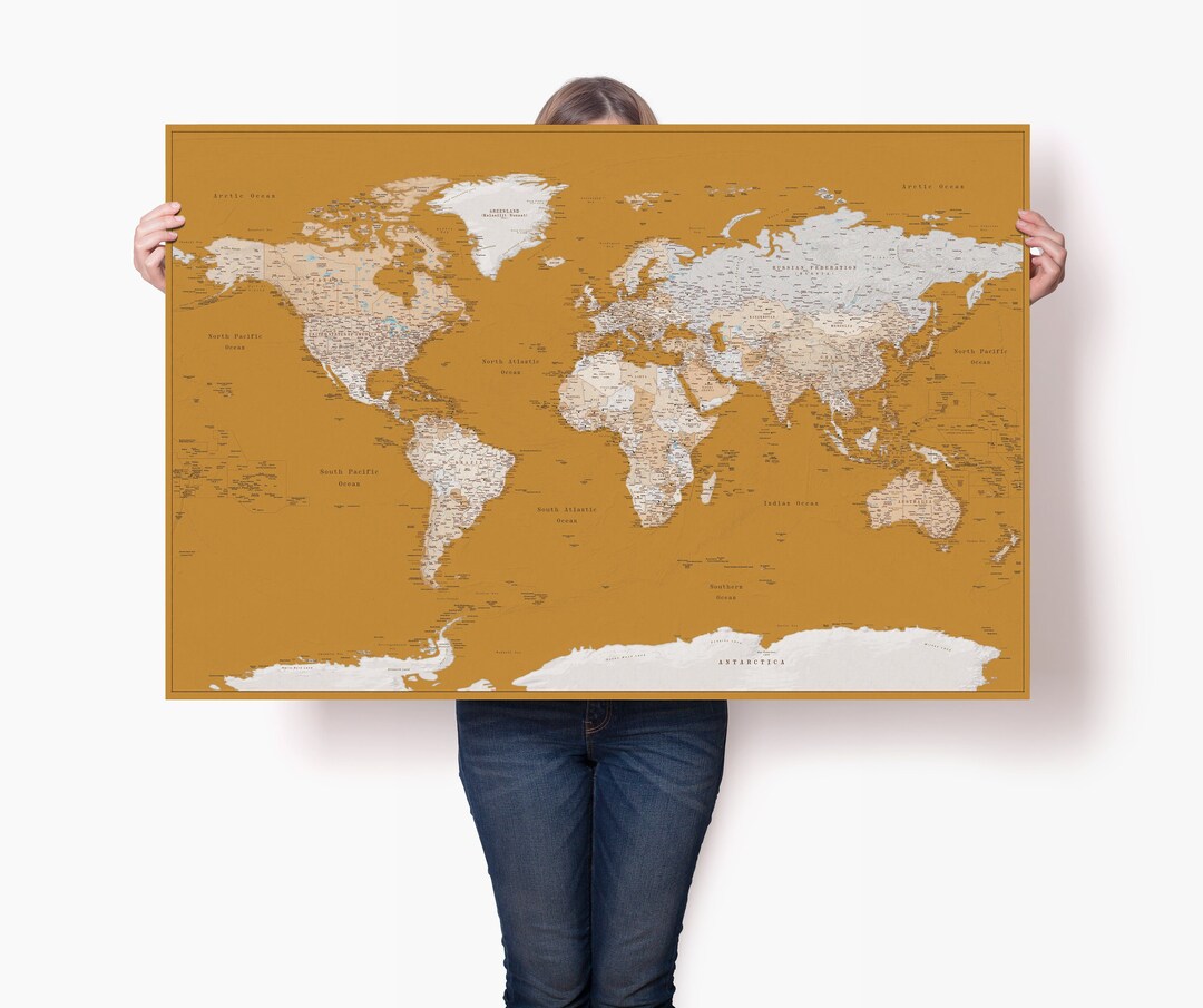 High Quality World Map Poster Mustard - Large Detailed World Map for ...