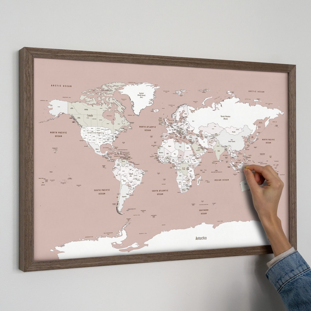 Mini Push Pin World Map, Small Framed Travel Tracker Pin Board, Dusty ...