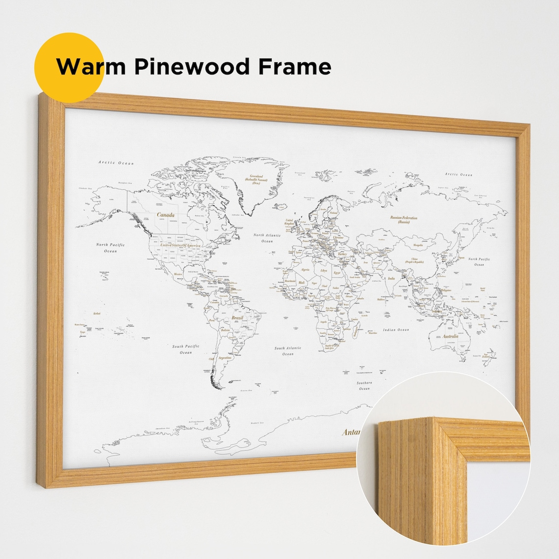 Push Pin Mini World Travel Map Canvas, Framed Small Pin Board to Mark ...