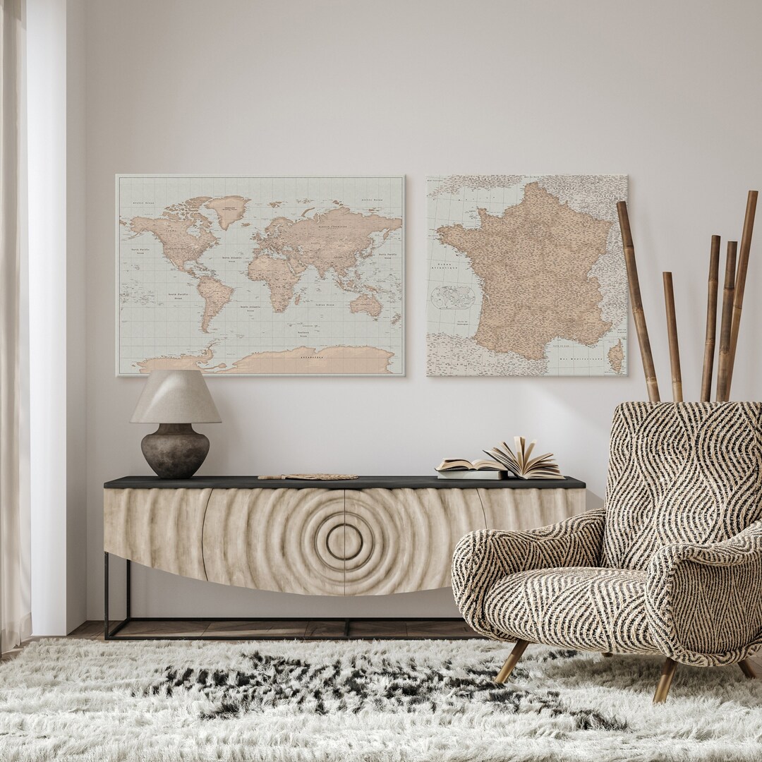 Detailed World & France Wall Map Set, Personalized Push Pin Maps ...