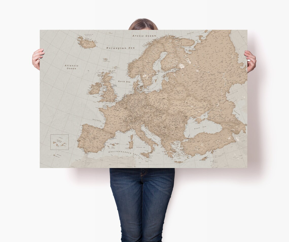 European Vintage Poster - Large Europe Map Canvas Wall Art - Detailed ...