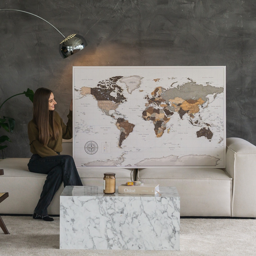 Push Pin World Map to Mark Places You've Been, Travel Tracker Canvas ...