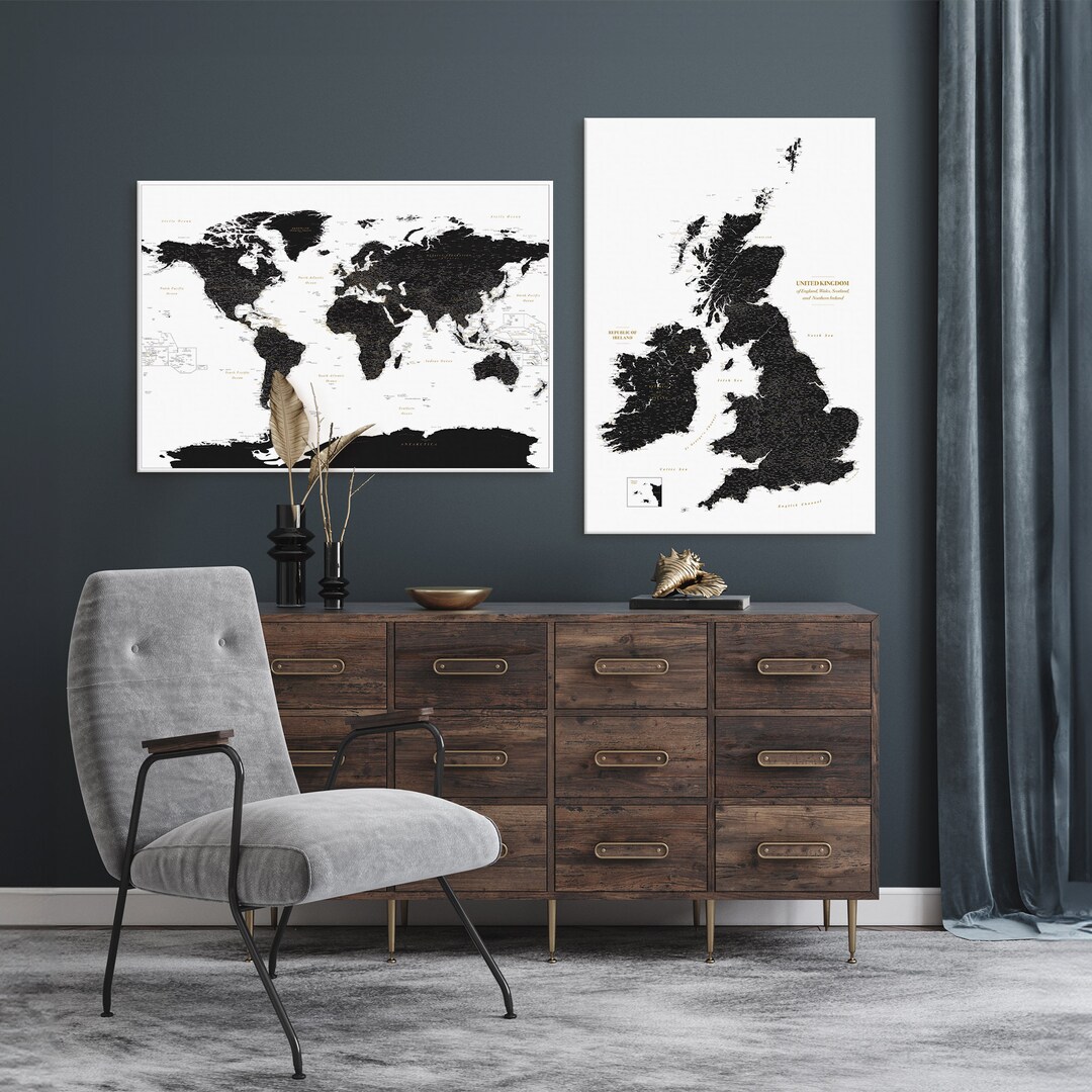 Black Push Pin UK & World Map Set, Detailed Personalized Places I've ...