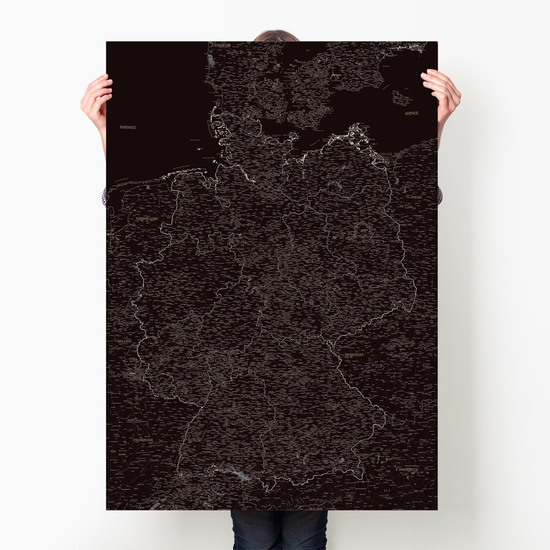 Black Germany Map Poster, Detailed Travel Print With Cities and States ...