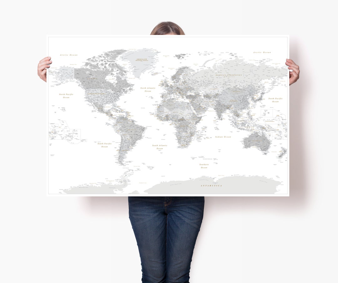 Large Grey World Map Canvas Print - High Detailed Accurate World Map ...