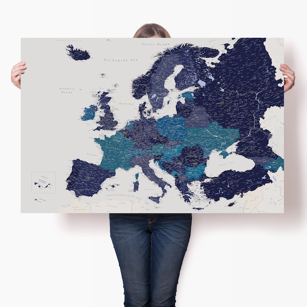 Navy Blue Europe Map Print - Etsy