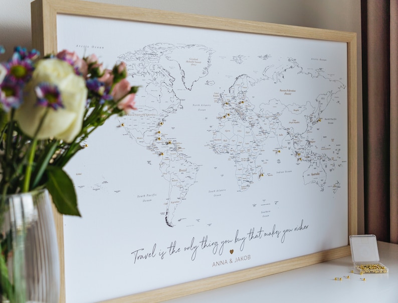 Push Pin World Map Small Framed Canvas, Places Traveled Map Wall Art ...