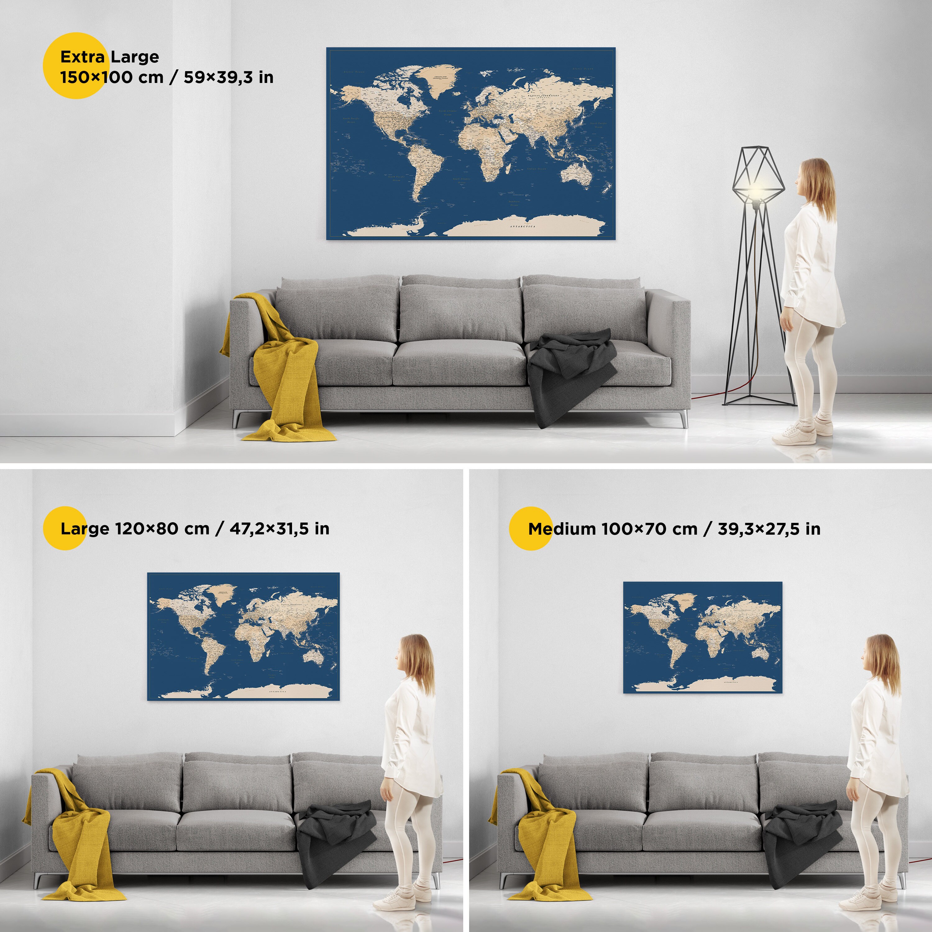 Dark Blue World Map Poster - Detailed Accurate Travel Map Print - Wall ...
