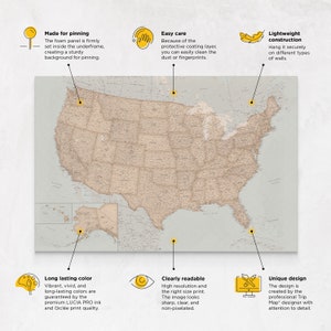 Large Push Pin USA Map Canvas Wall Decor, Detailed Personalized Travel ...