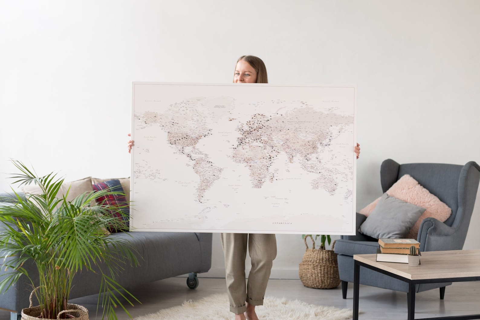 Push Pin World Map Detailed, Beige Travel Pin Board Canvas ...