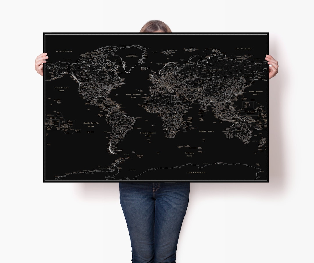 Huge Black World Map Poster - Detailed Personalized Travel Map - Large ...