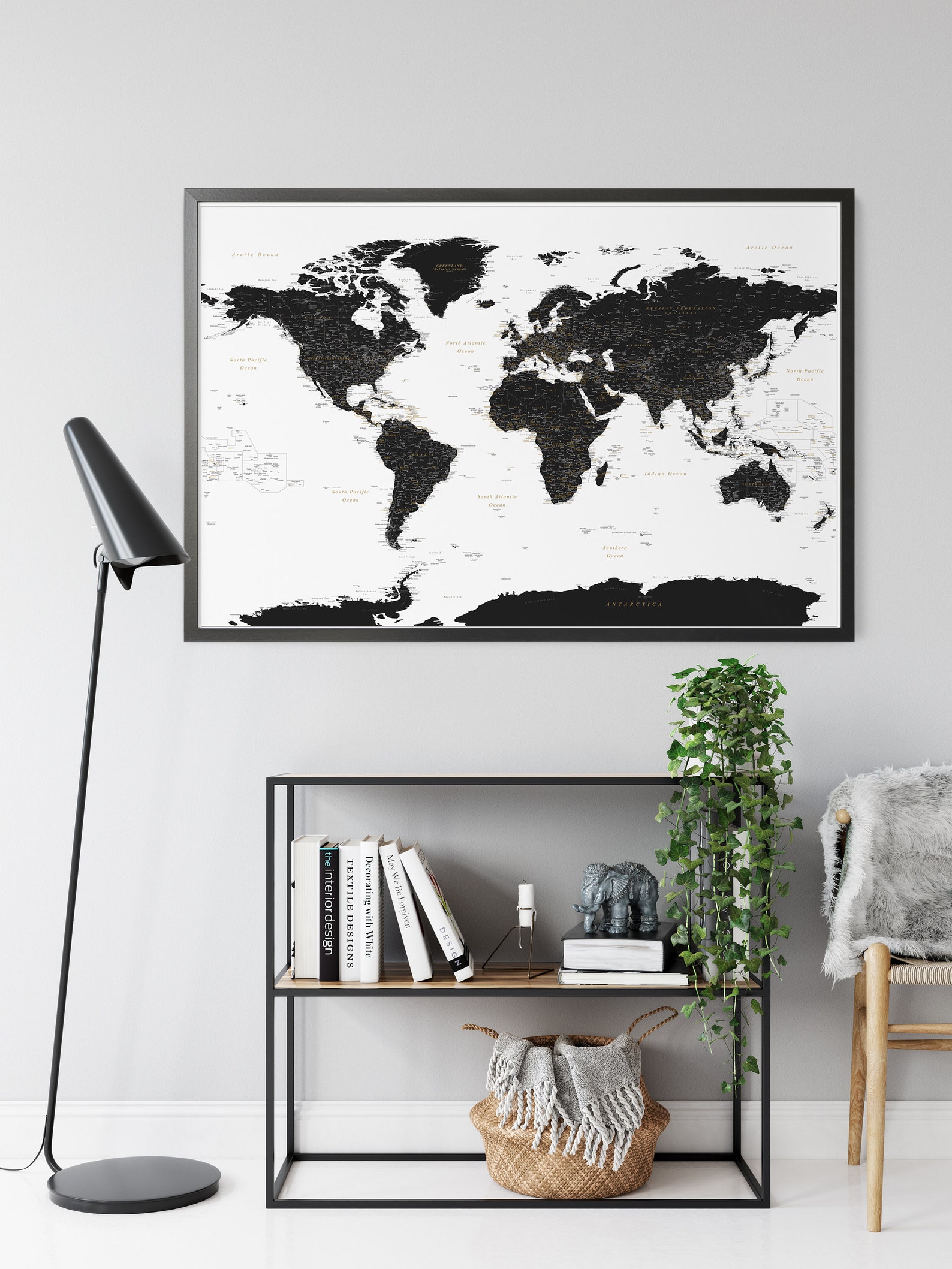 Large Black and White World Map Poster - Detailed Accurate World Atlas ...