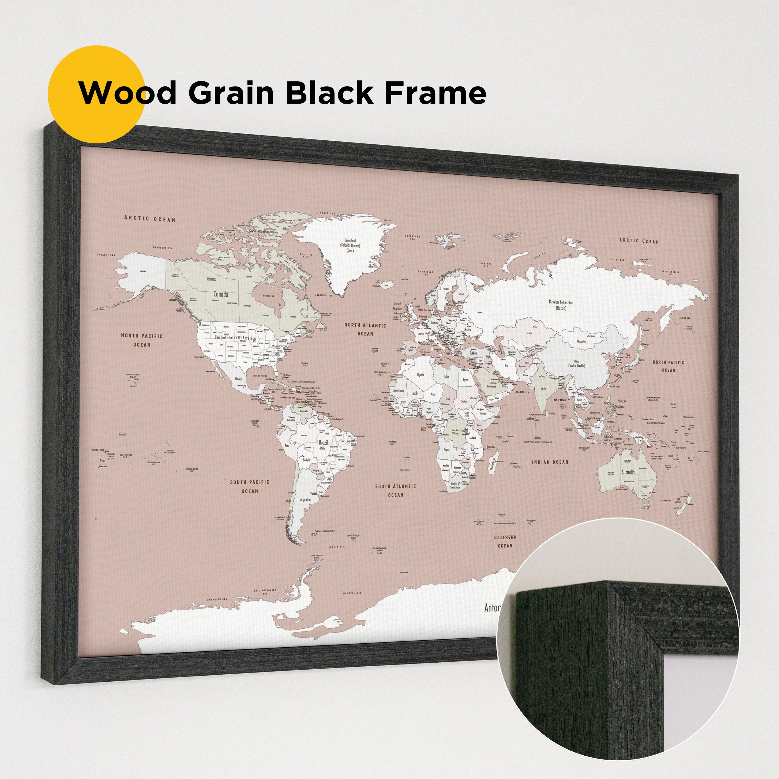 Mini Push Pin World Map, Small Framed Travel Tracker Pin Board, Dusty ...