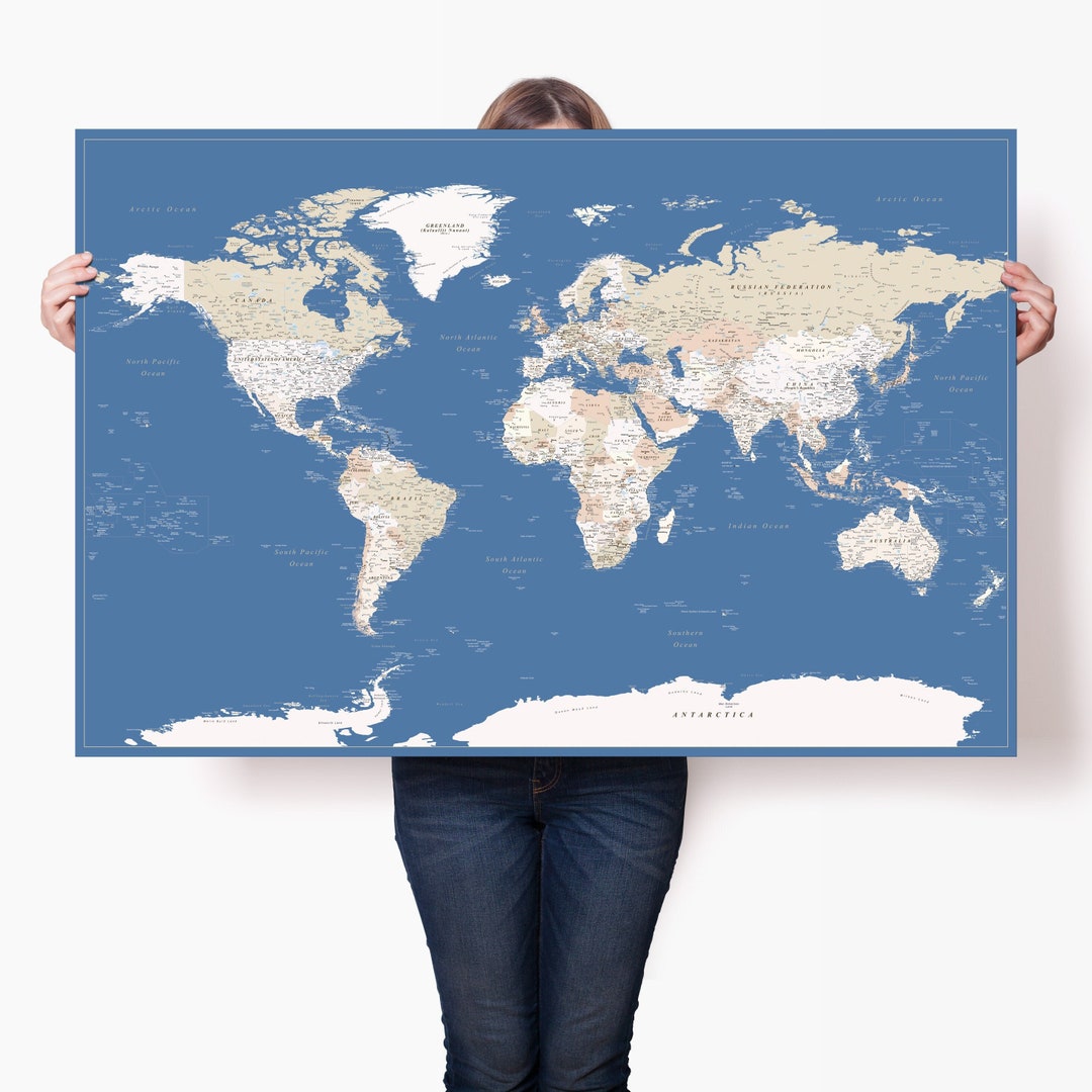 Accurate World Map Poster Blue - Big Wall Map Print - Detailed Large ...