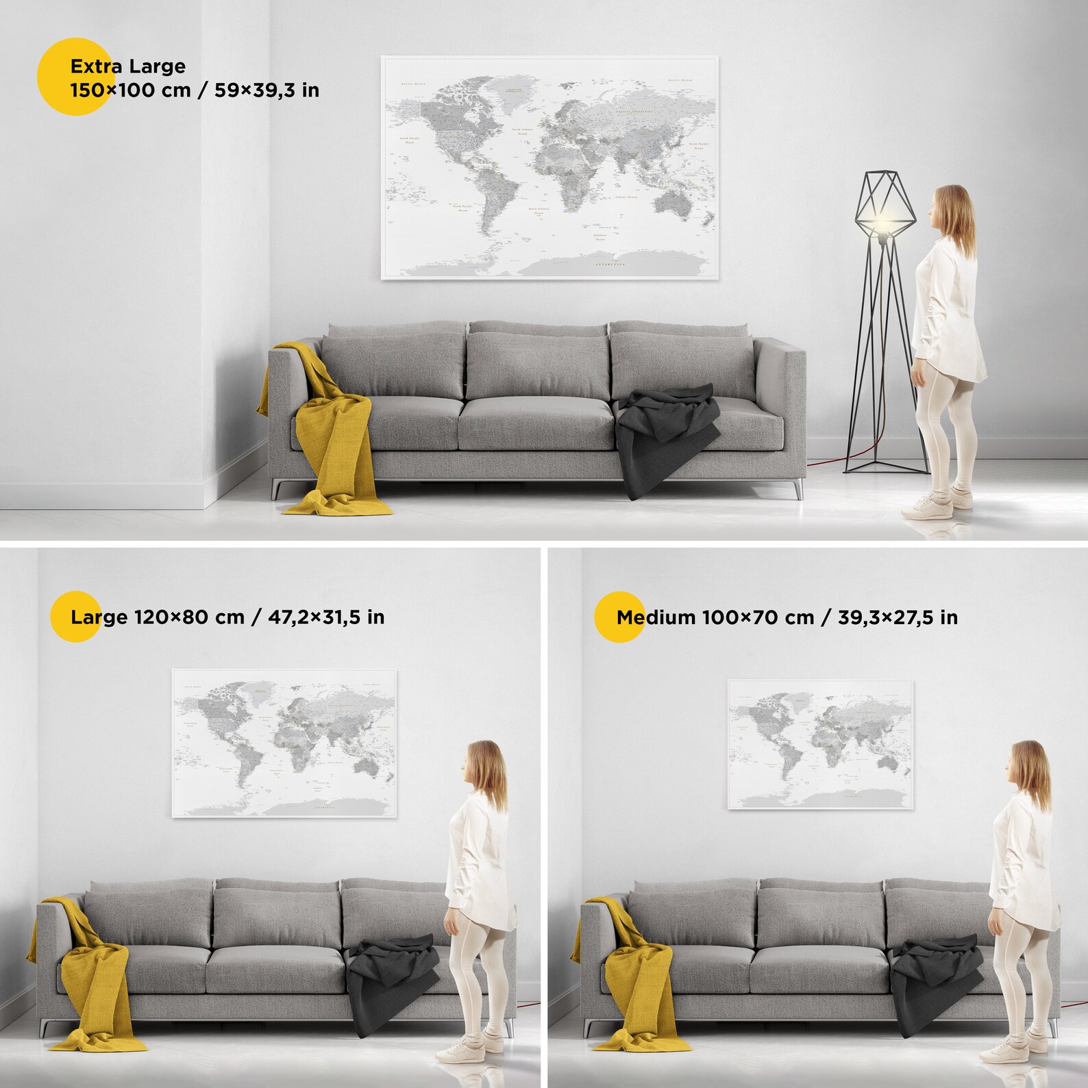 Large Grey World Map Canvas Print - High Detailed Accurate World Map ...