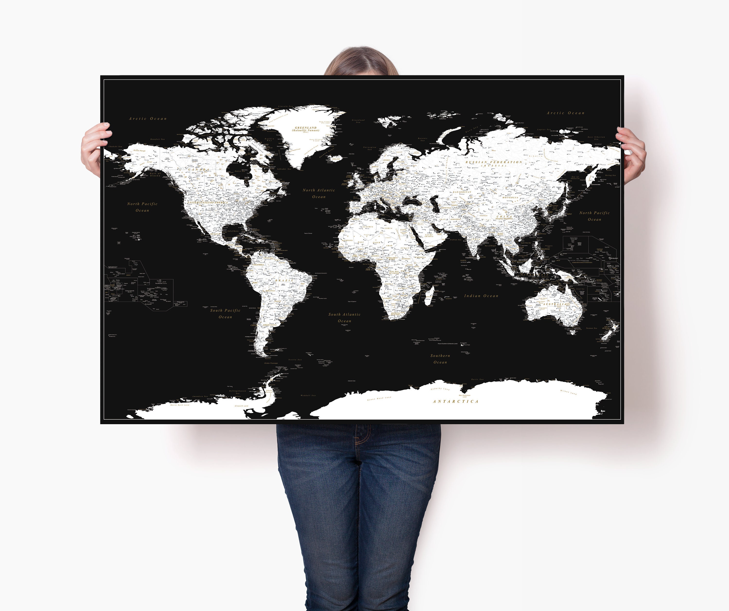 Black and White World Map Poster DIY Push Pin Travel Map | Etsy