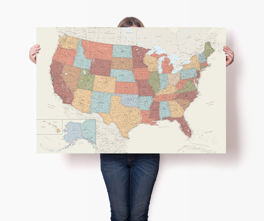 Large Map of USA With States and Cities Detailed USA Poster - Etsy