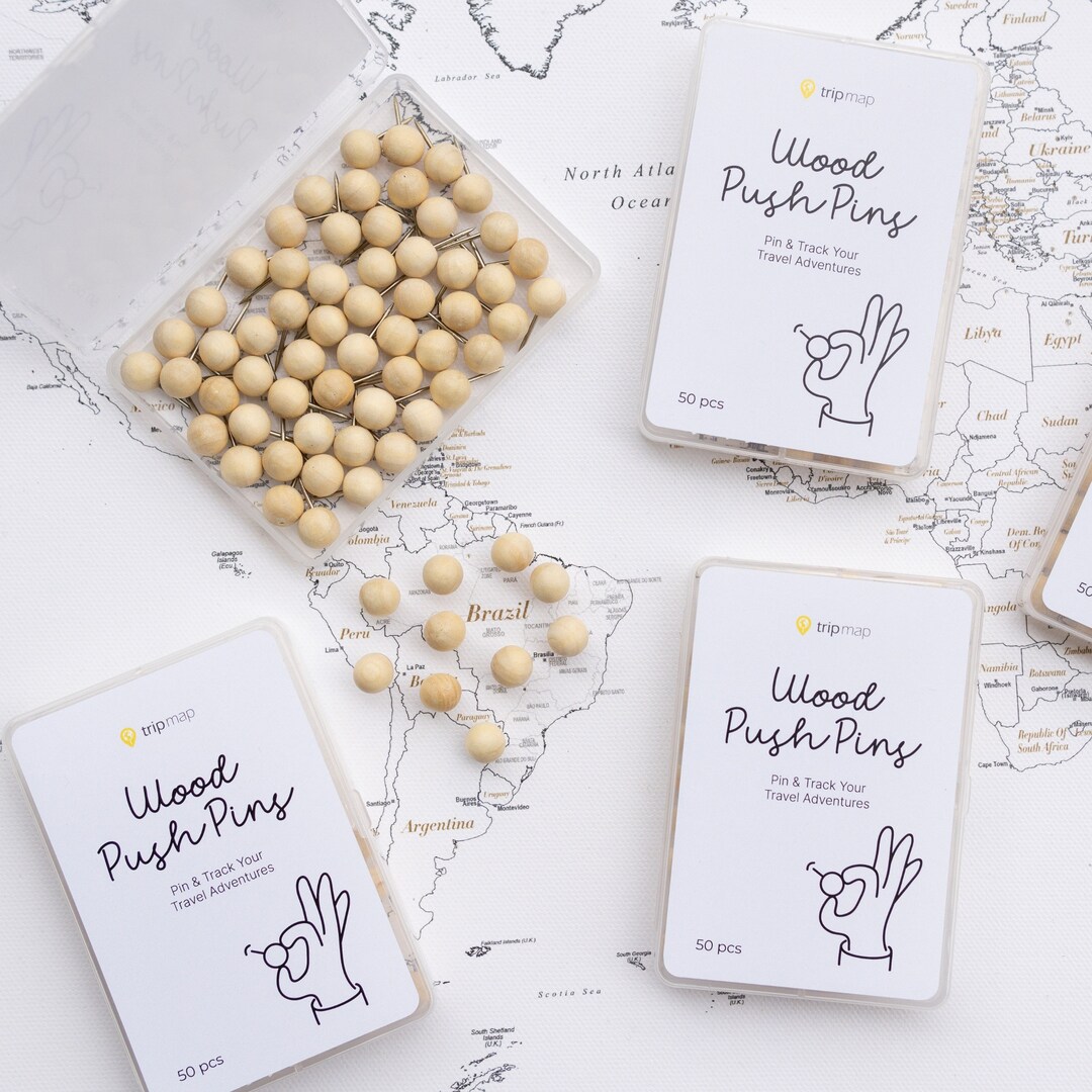 Wooden Map Push Pins - Round Head Tacks With Stainless Point - Natural ...