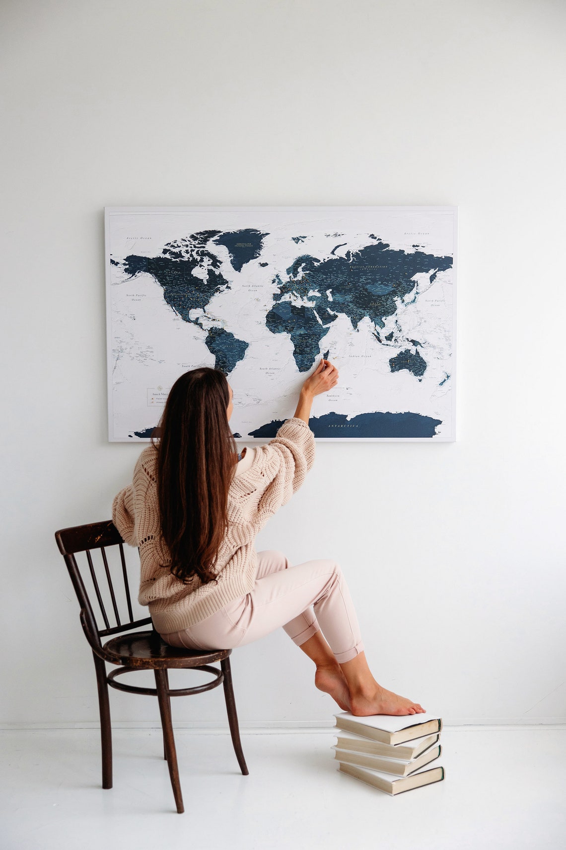 Push Pin World Map Canvas Navy Blue Travel Map Pin Board - Etsy