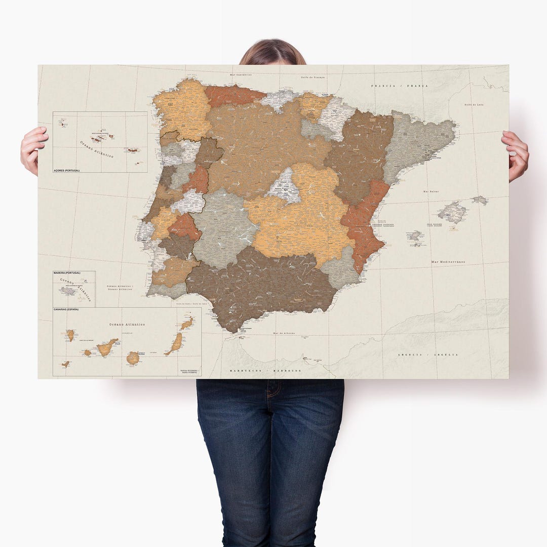 Detailed Portugal & Spain Travel Map Poster, Wall Art Print With Cities ...