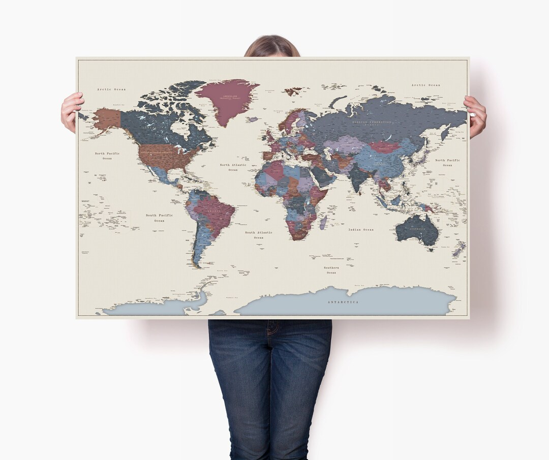 Purple Personalised World Map Poster Big Globe Map for Wall Detailed ...