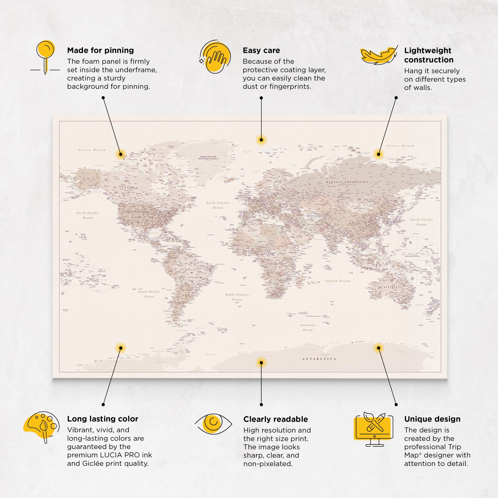 Push Pin World Map Wall Art Travel Map Pin Board Beige | Etsy