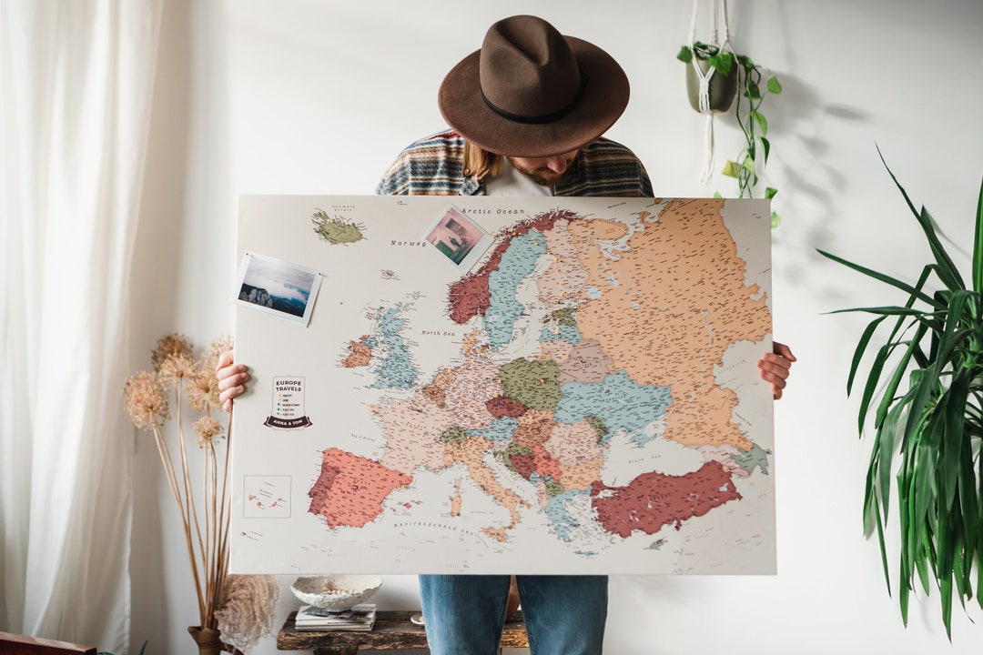 Push Pin Europe Map With Pins - Large Canvas Travel Pin Board ...