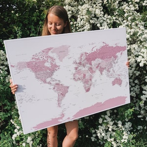 Pink Push Pin World Map, Canvas Traveller Pinboard, Pinnable Travel ...