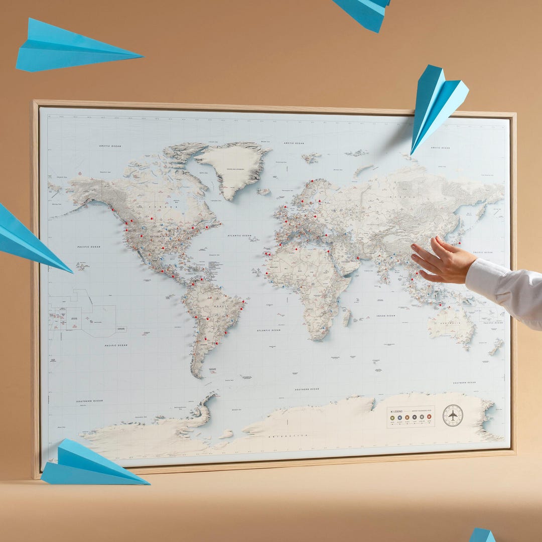 1440 World Airports Map With Pins: Push Pin Aviation Canvas With IATA ...