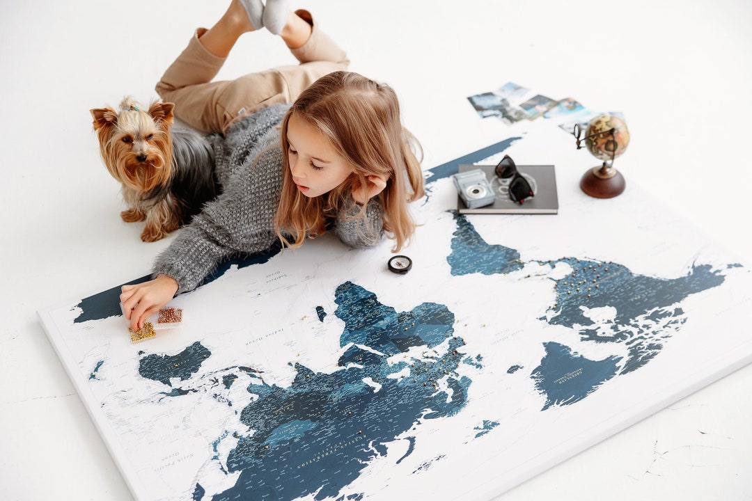 Push Pin World Map Canvas Navy Blue Travel Map Pin Board - Etsy