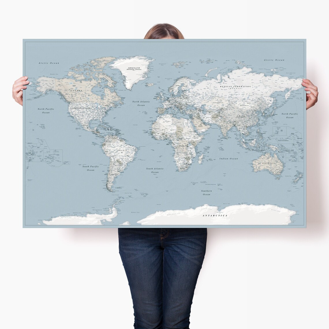 Mellow Blue World Map Poster Accurate Big Wall Map Print - Etsy