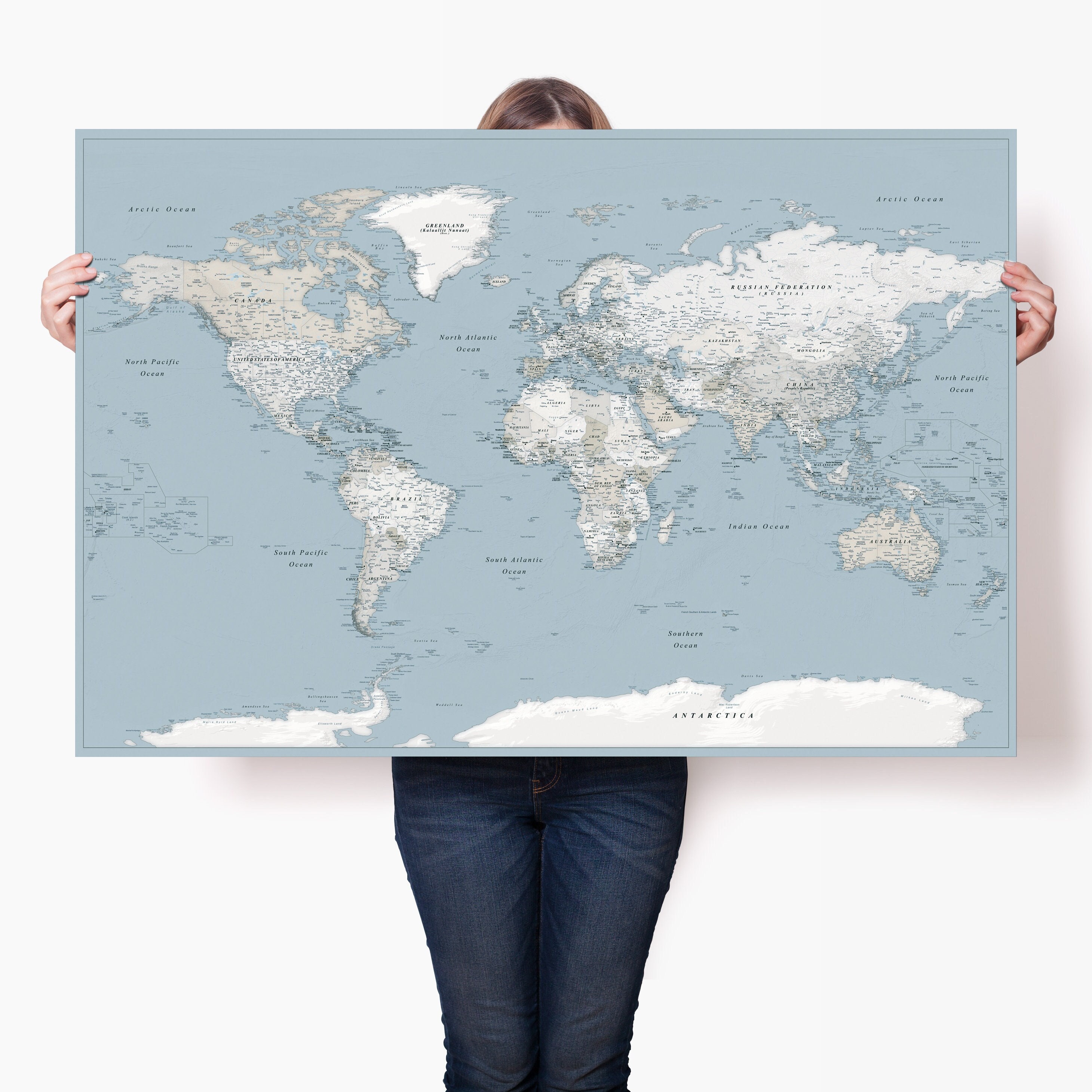 Mellow Blue World Map Poster - Accurate Big Wall Map Print - Detailed ...