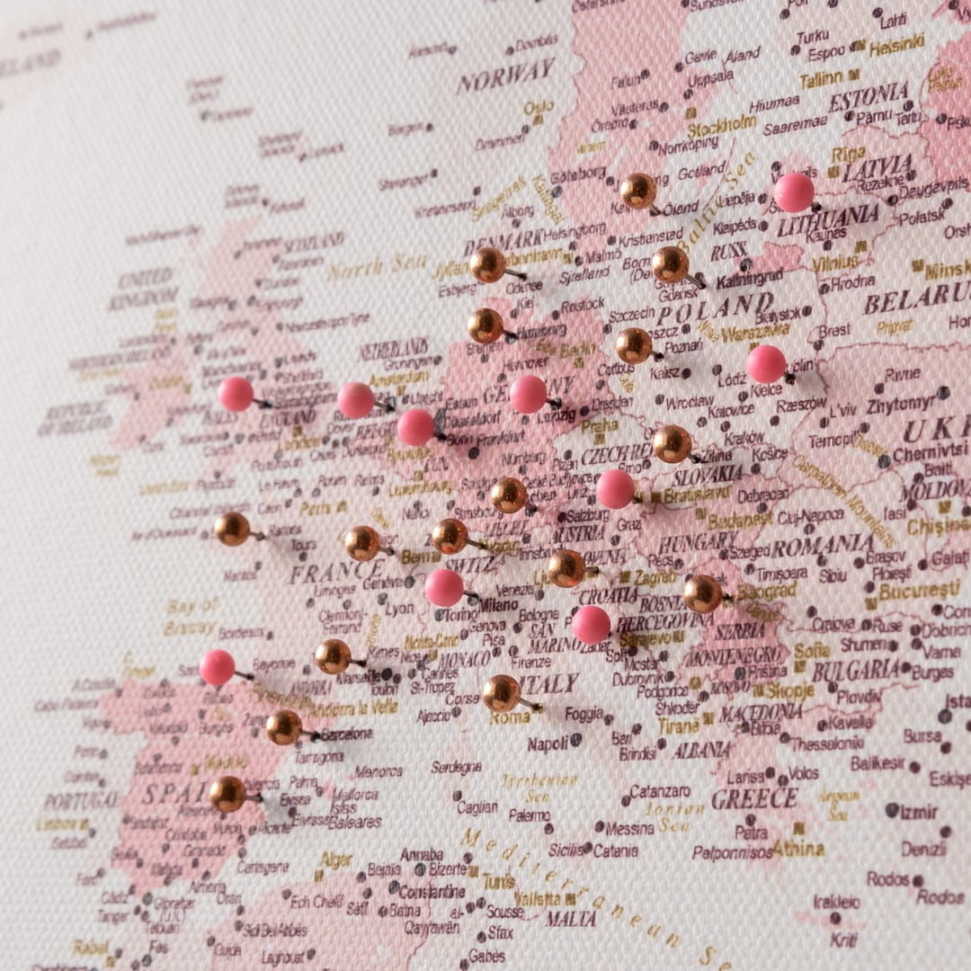 Pink Push Pin World Map, Canvas Traveller Pinboard, Pinnable Travel ...