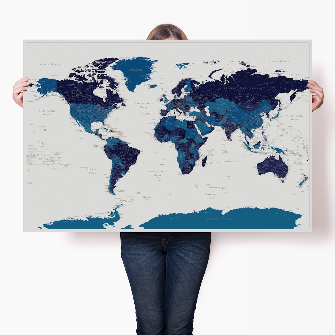 Giant World Map Poster Blue Personalized Family Travel Map Print High ...