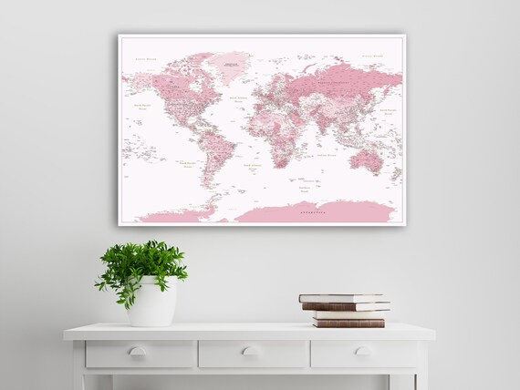 Pink World Map Poster High Detailed Nursery Room Travel | Etsy