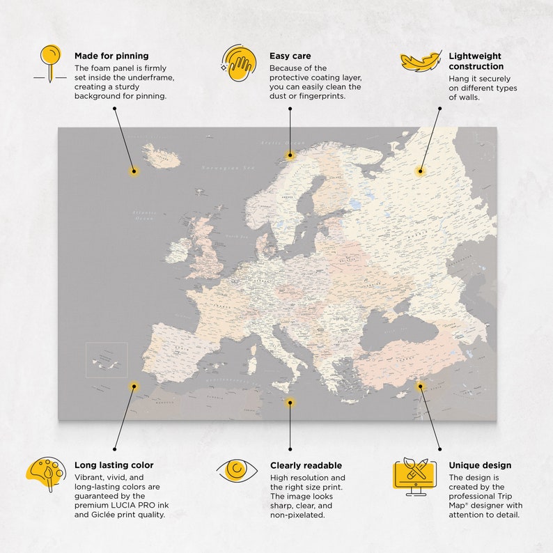 Push Pin Europe Map CANVAS Detailed Europe Pin Board Map | Etsy