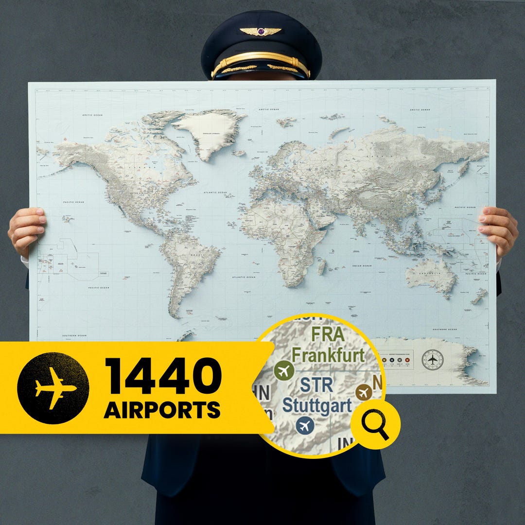 1,440 Airports World Map Poster: Personalized Aviation Wall Art Print ...